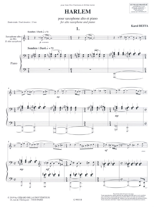 Beffa, Karol - Harlem (2019) pour Saxophone Alto et Piano (Dauer 13 ...