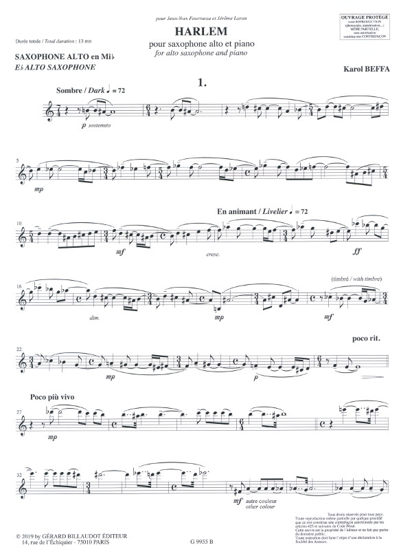 Beffa, Karol - Harlem (2019) pour Saxophone Alto et Piano (Dauer 13 ...
