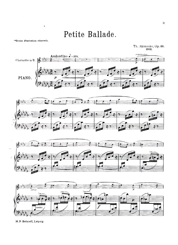 Akimenko, Theodore - Petite Ballade op.19 (1902) für Klarinette und ...